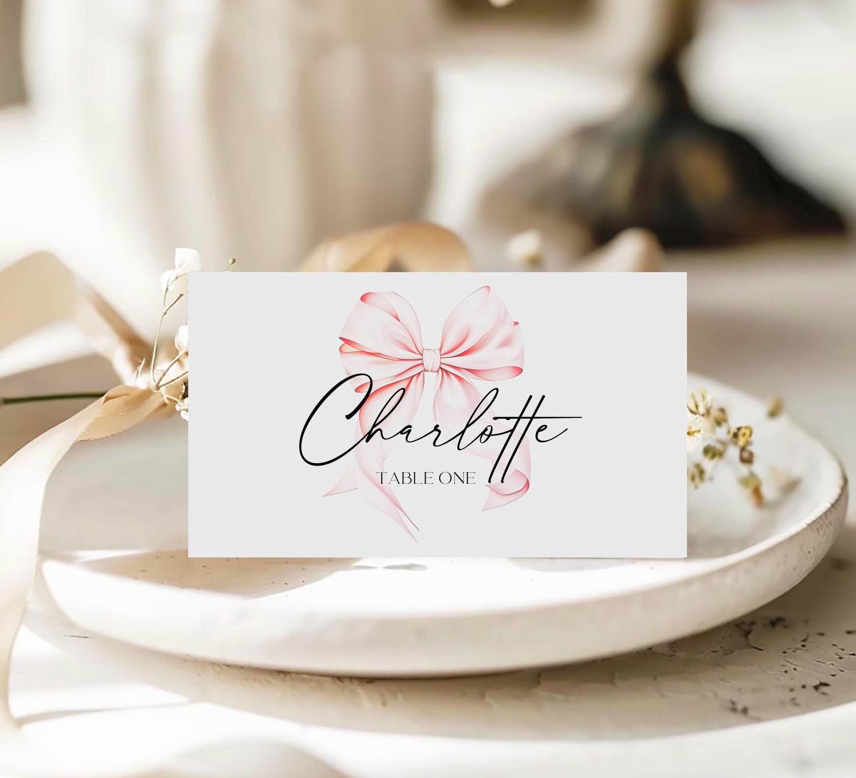 Pink Bow Place Card Template: Editable Printable Name Card (canva) - Etsy