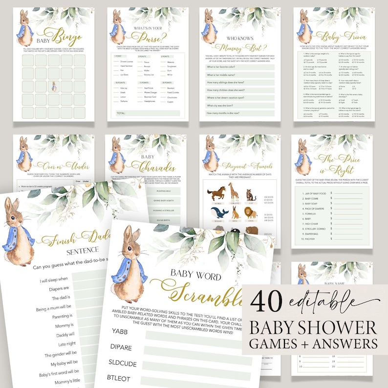 Peter Rabbit Baby Shower Games Editable Blue Bunny Game Bundle, 40 ...