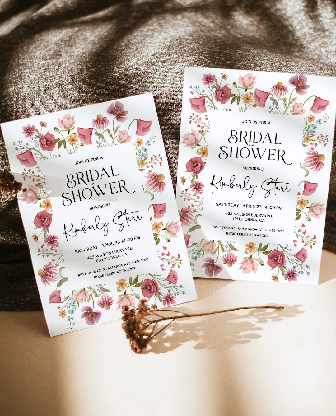 Wildflower Bridal Shower Invitation, Pink Flower Invite, Editable Boho ...