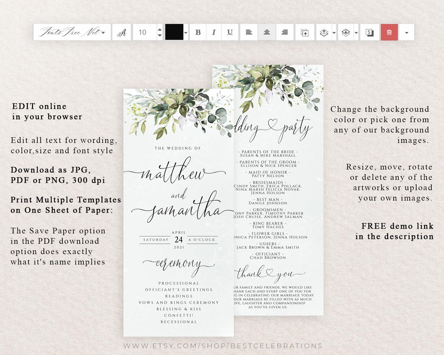 CHLOE Wedding Program Template Greenery Ceremony Template - Etsy UK