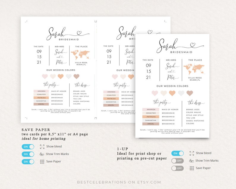 Bridesmaid Info Card Template Bridal Party Info Card | Etsy