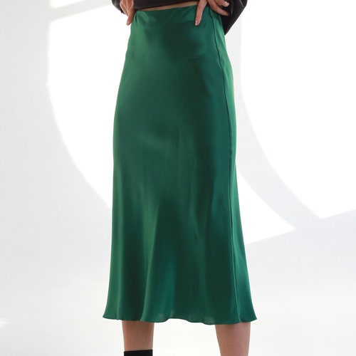 100% Silk Emerald Green Silk Slip Skirt Midi Green Skirt Pure | Etsy
