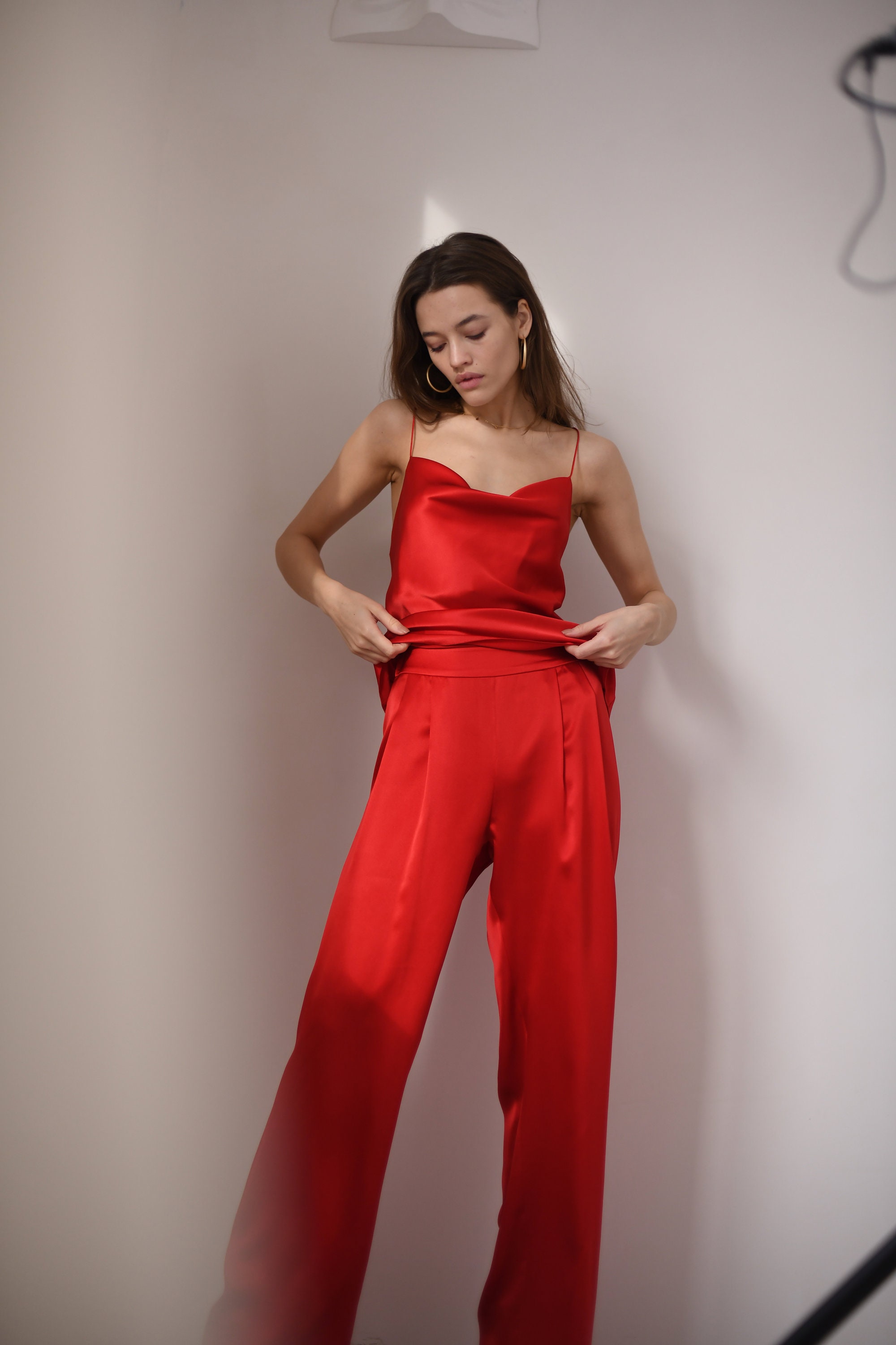 100 Silk Pants In Red Silk Satin Trousers High Waisted Silk Etsy