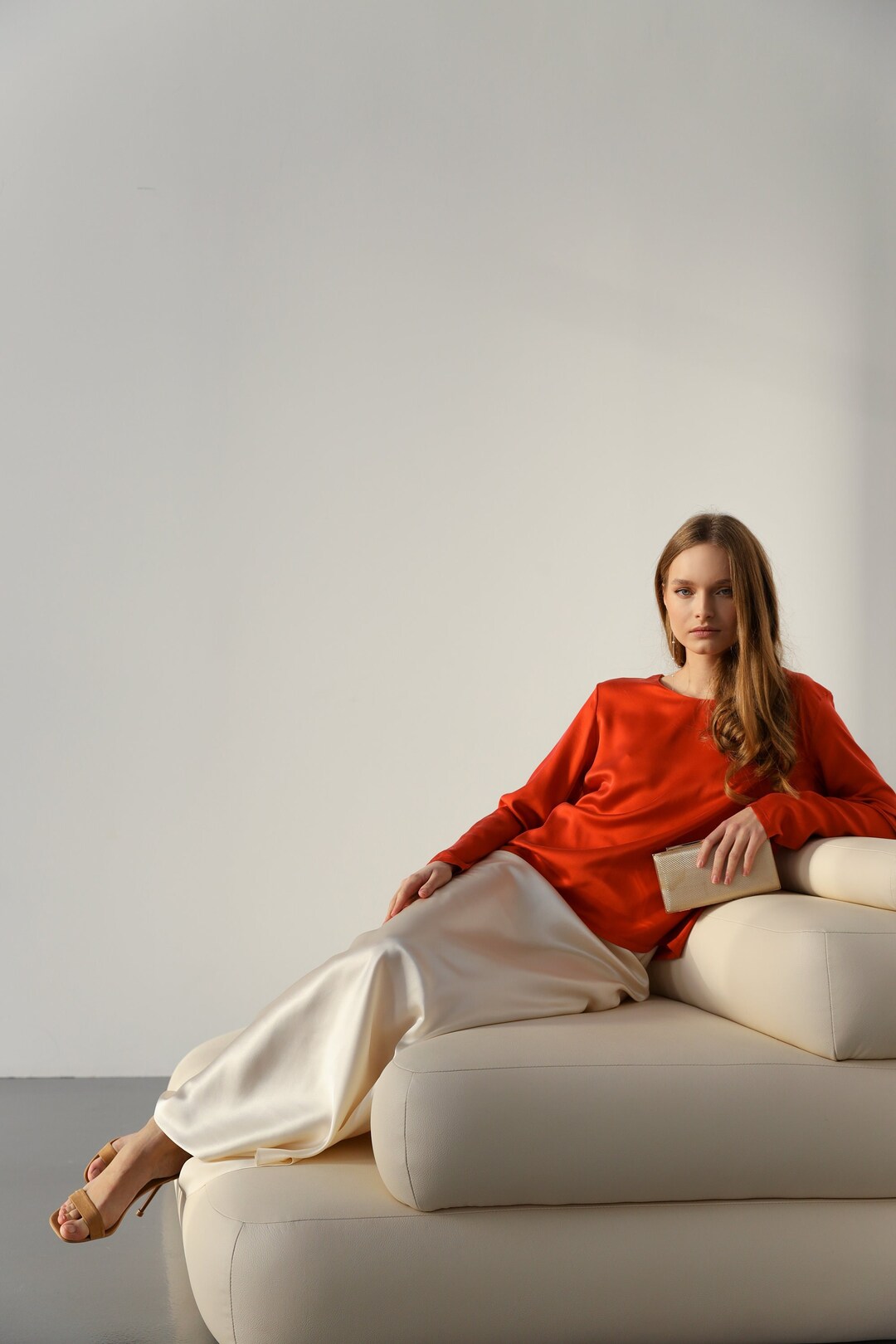 Long Sleeve Sand Wash Silk Blouse 100% Silk Round Neck Red Top Silk ...