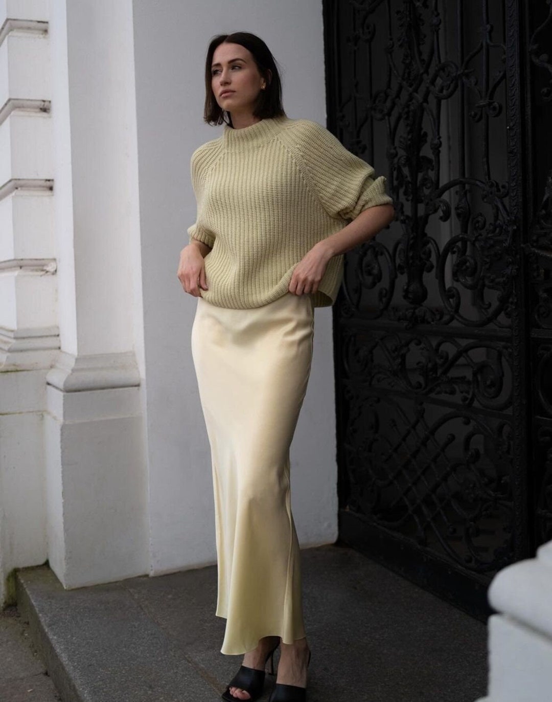 Yellow Low-rise 100% Silk sandwashed Maxi Bias Cut Skirt / Lemon Long ...