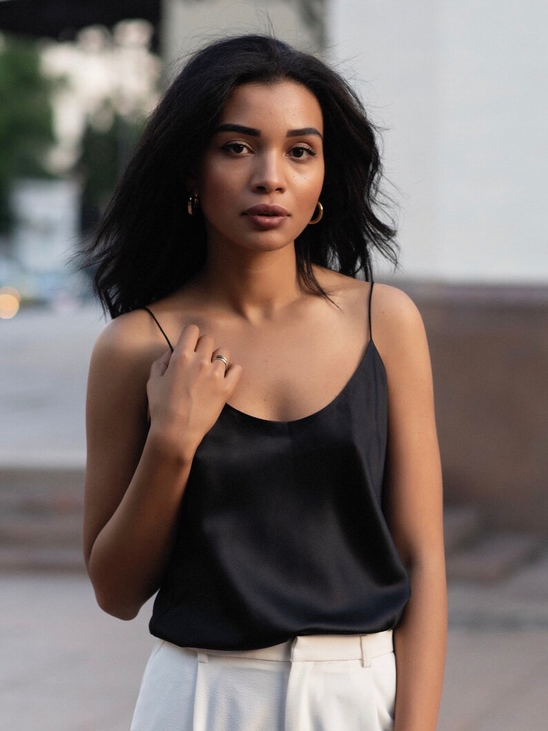 Black Silk Camisole Scoop Neck Silk Satin Cami Top Womens Etsy