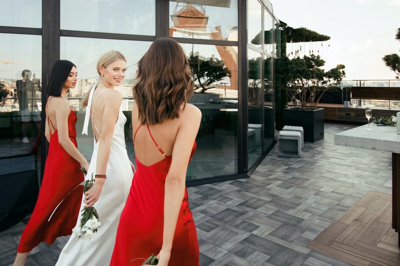 Cowl Neck Silk Slip Dress Midi Red Silk Dress Satin Bridesmaid Etsy