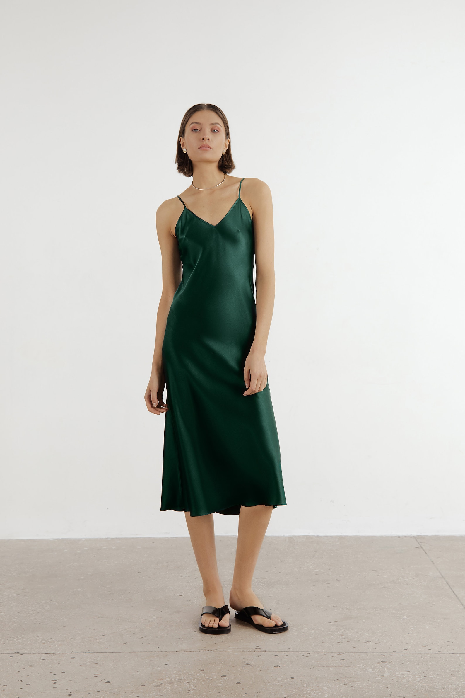 Green Silk Slip Dress Midi Bias Cut 100 Silk Bridesmaid Dress Etsy