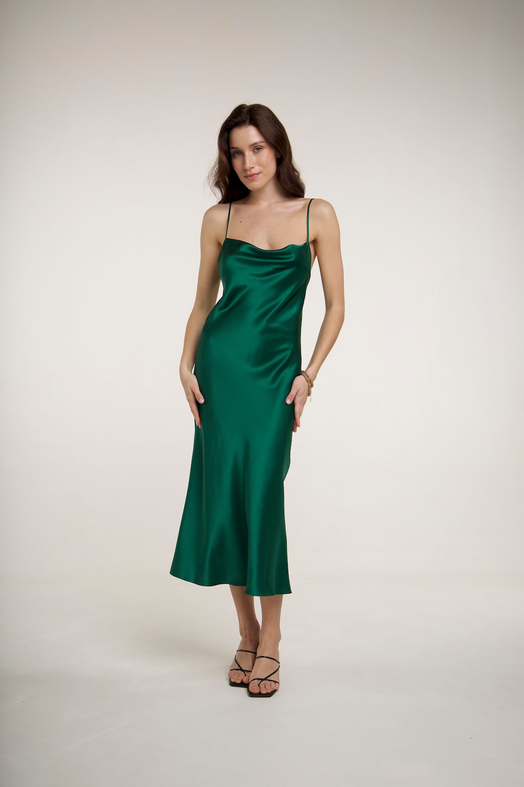 100% Silk Slip Dress Emerald Green Dress Midi Bias Cut Cowl - Etsy
