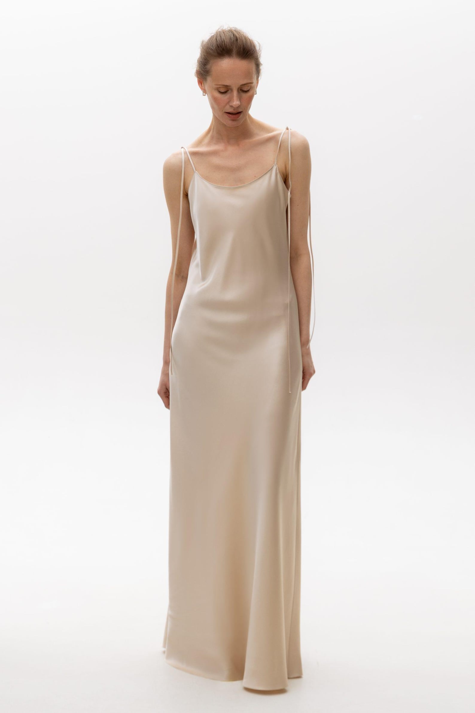 Maternity Pearl-beige Low Back 100% SILK MAXI DRESS, Shoulder Ties ...