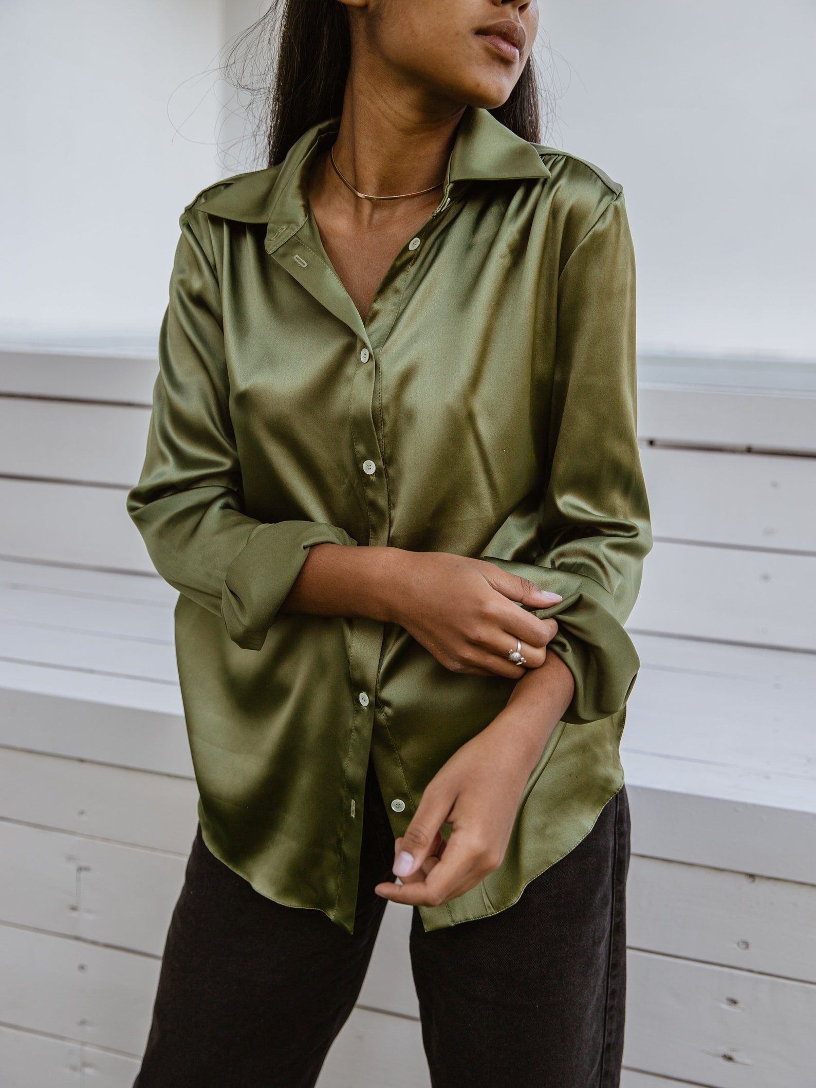 Women Silk Shirt In Olive Green Stretch Silk Khaki Blouse Long Etsy