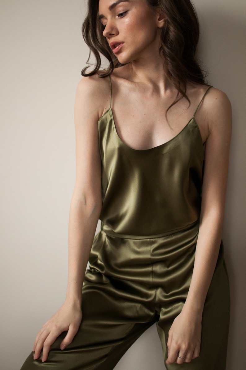 Dark Olive Silk Camisole Scoop Neck Stretch Silk Satin Cami Etsy