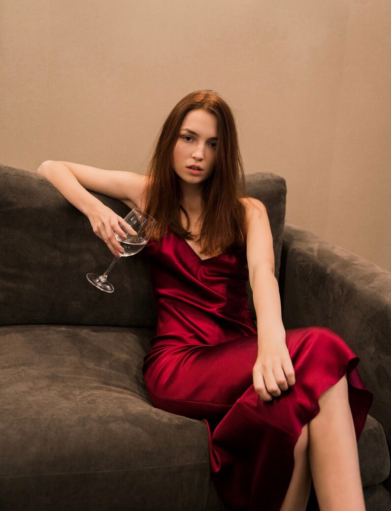 V Neck Silk Slip Dress Midi Wine Silk Bias Slip Stretch Silk Etsy