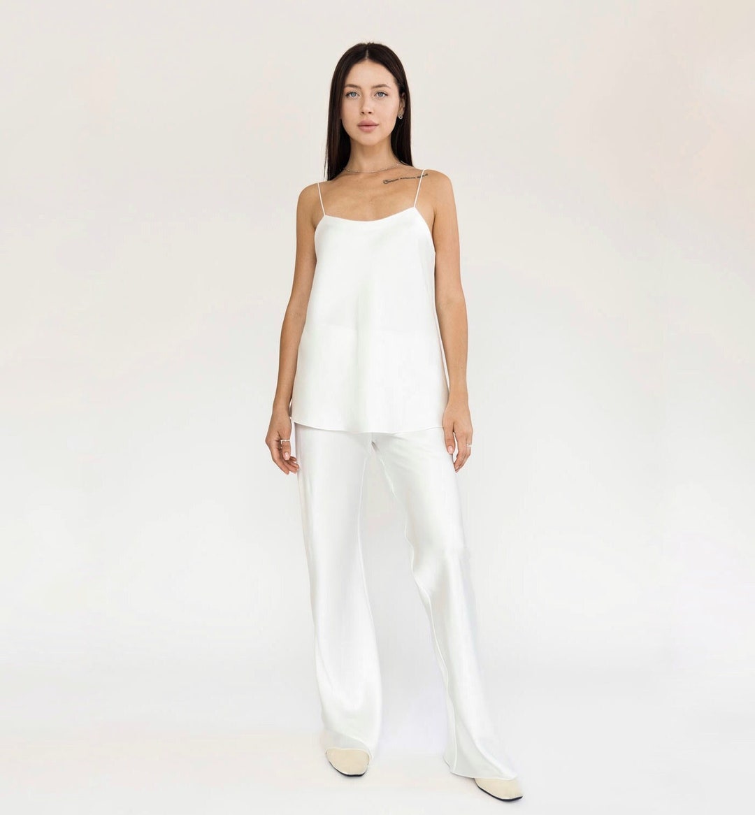 White Silk Pants Bias Cut Silk Satin Trousers Ivory Slim Silk Pants 100 ...
