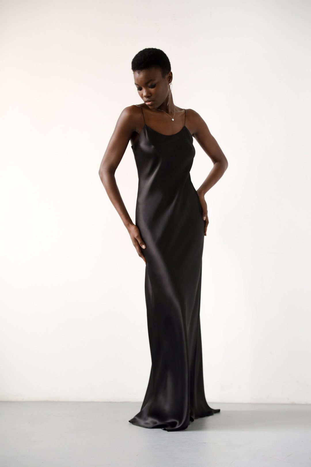 Black 100% Silk Satin Gown Natural Silk Dress Maxi Black Silk Slip ...