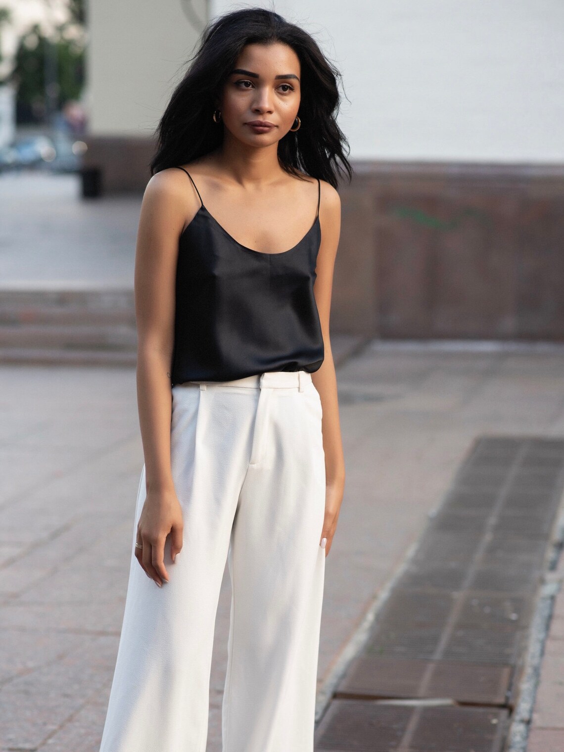 Black Silk Camisole Scoop Neck Silk Satin Cami Top Womens Etsy