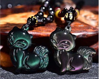 46mm Natural Carved Rainbow Obsidian Cute Fox Pendant Bead - Etsy