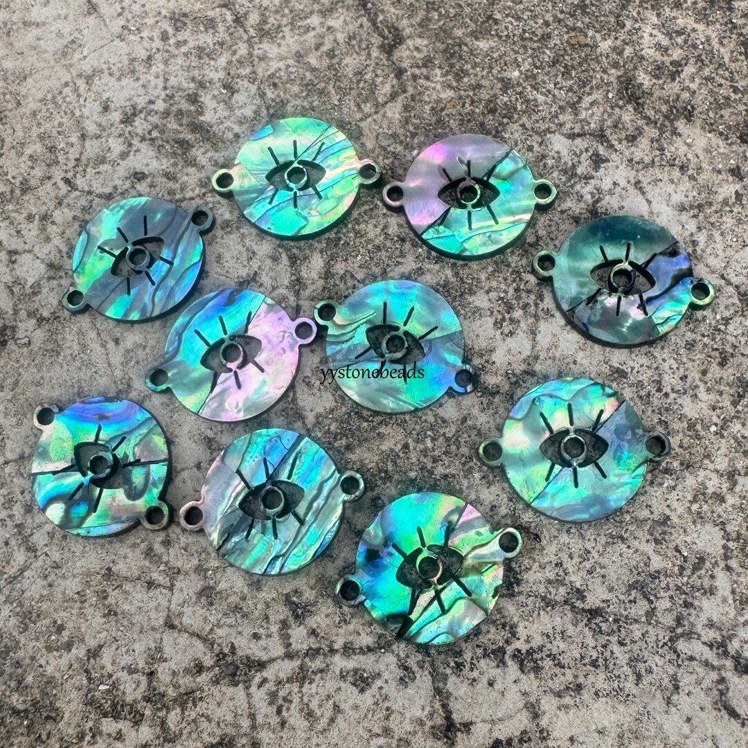 Natural Abalone Shell Evil Eye Pendant Beads: 16mm Round Connector ...