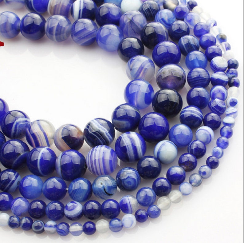 Dark Blue Banded Agate Round Ball Loose Gemstone Beads Strand | Etsy