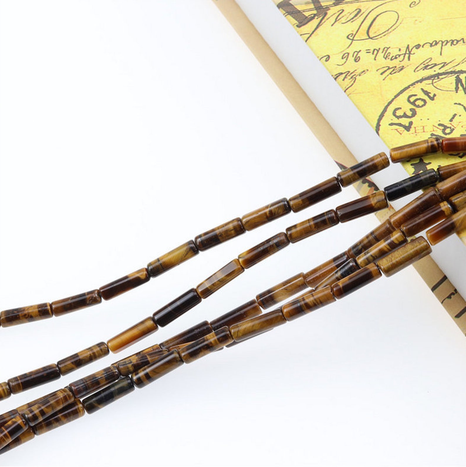13mm Natural Yellow Tiger Eye Tube Cylinder Gemstone Loose Beads Strand ...