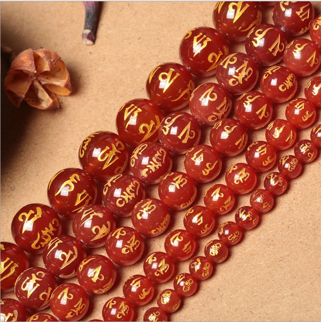 Carved Red Agate OM Mani Padme Hum Round Loose Beads Strand 16'' 6mm ...