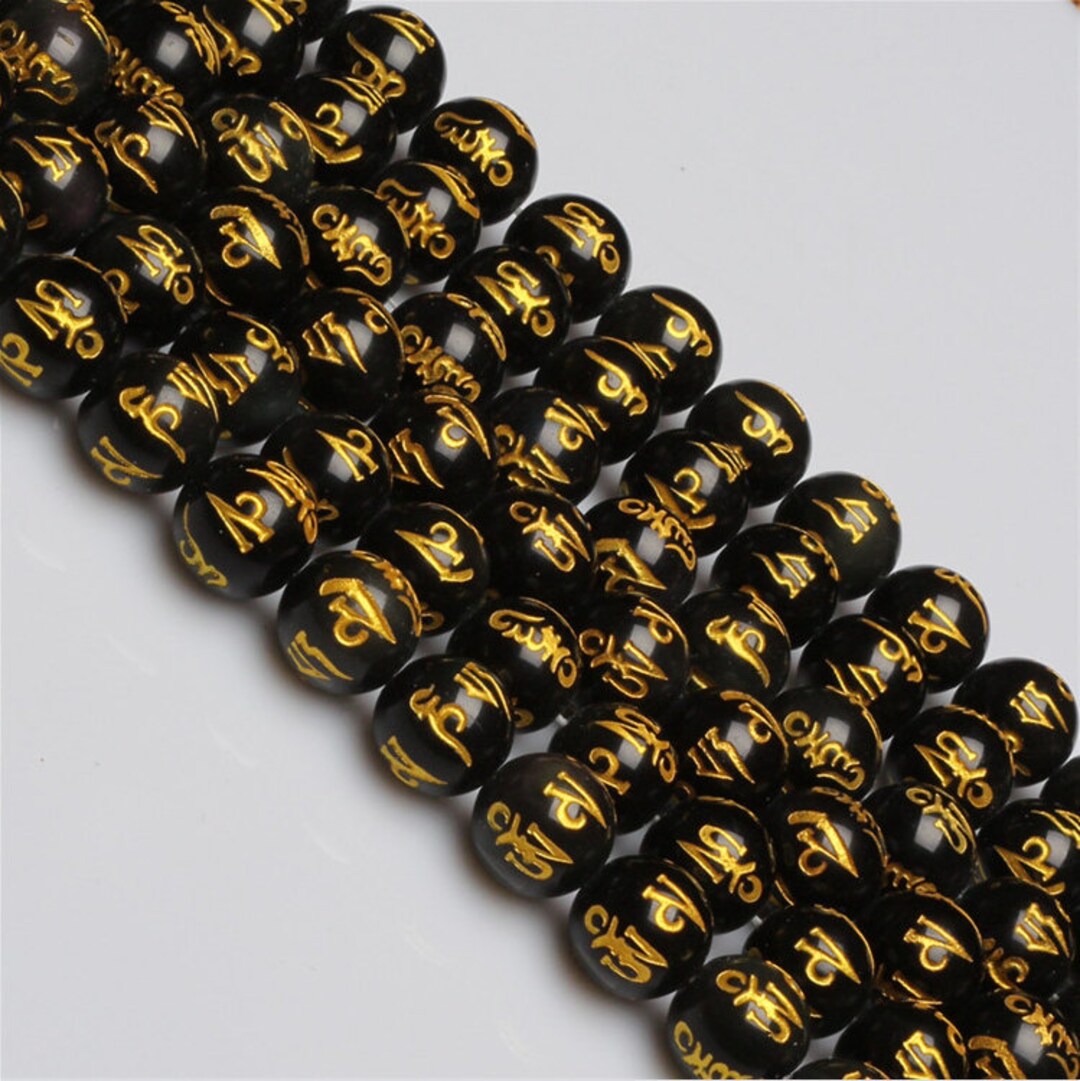 Carved Natural Black Obsidian OM Mani Padme Hum Round Loose Beads ...