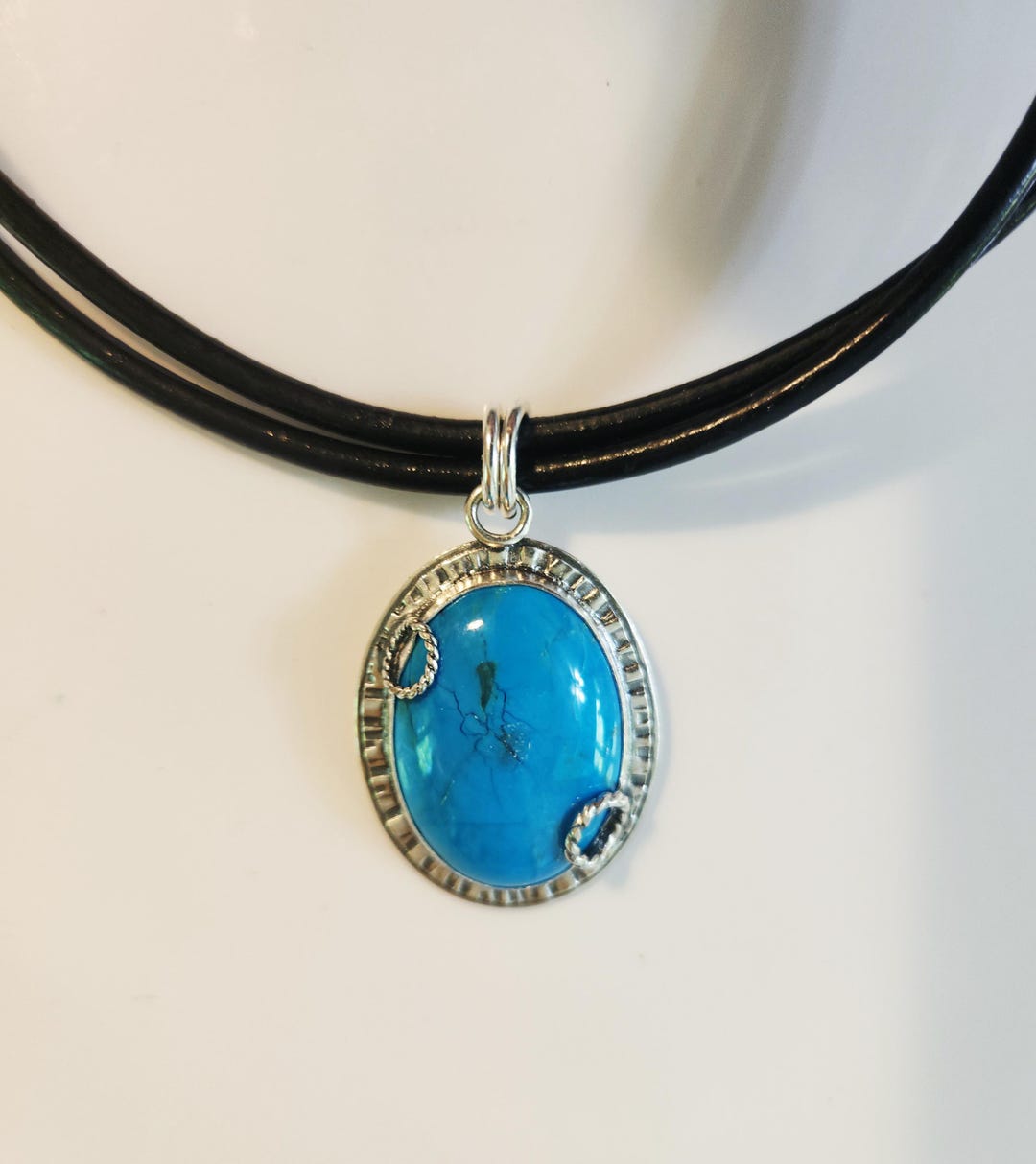 Chelle' Rawlsky Sterling Silver Turquoise Pendant Double Strand Dyed Leather Cord 925 End Caps ...