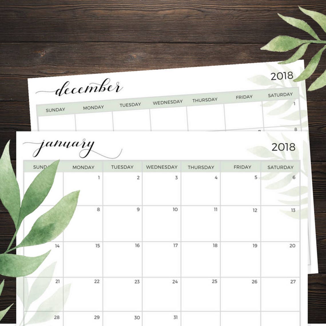2018 Calendar Printable, Letter Size, Horizontal Layout, Greenery ...