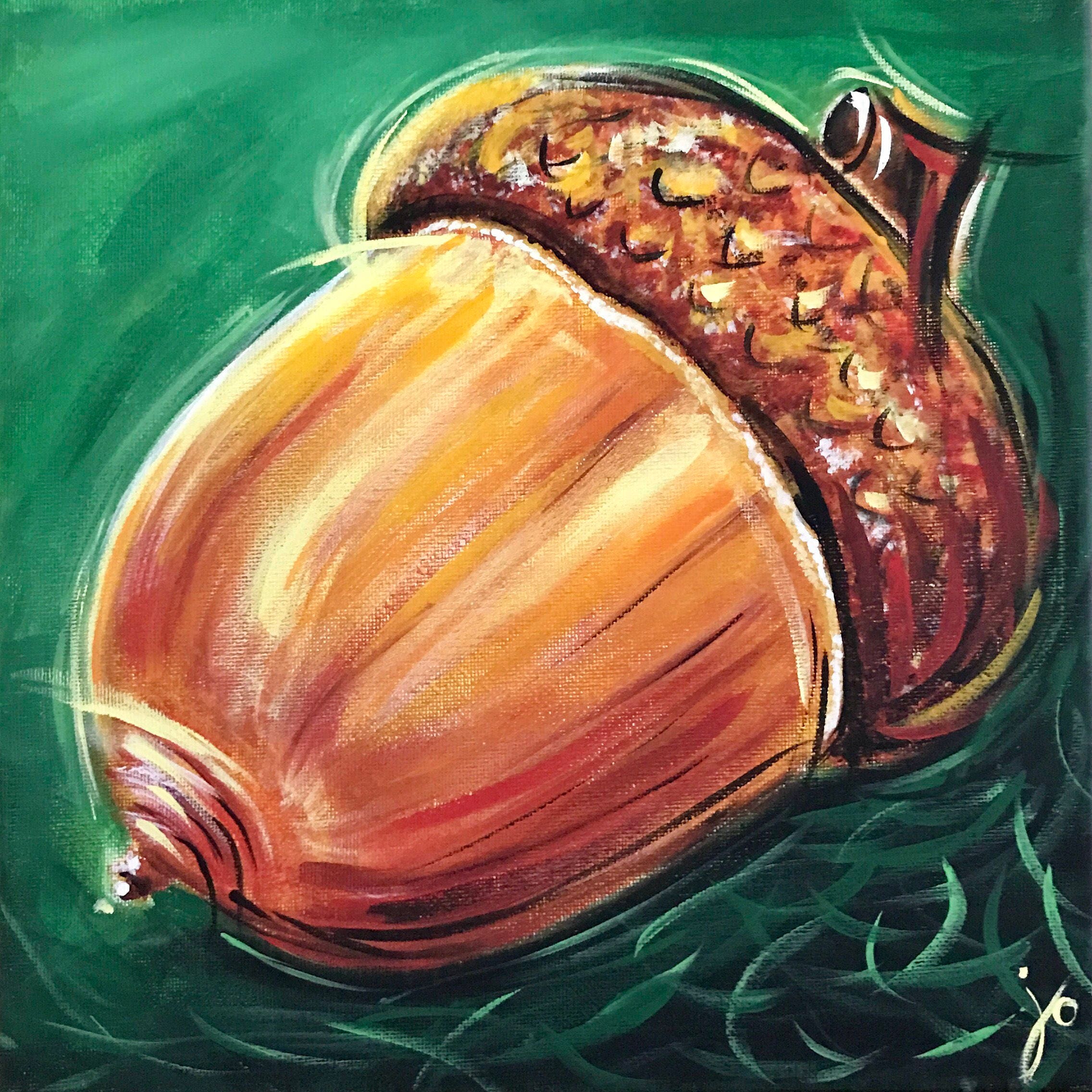 Hand Painted Acorn on Green Background, Acrylic Paint on Canvas, Close ...