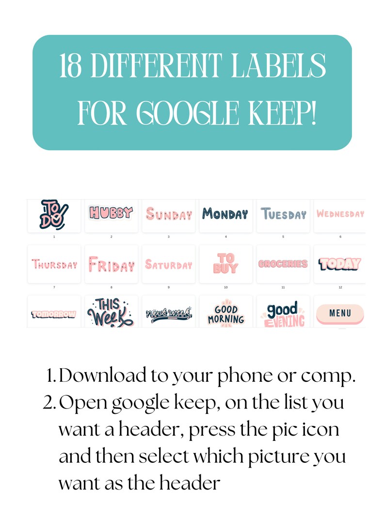 Google Keep Headers, to Do, Menu, Days of the Week, Today and More ...