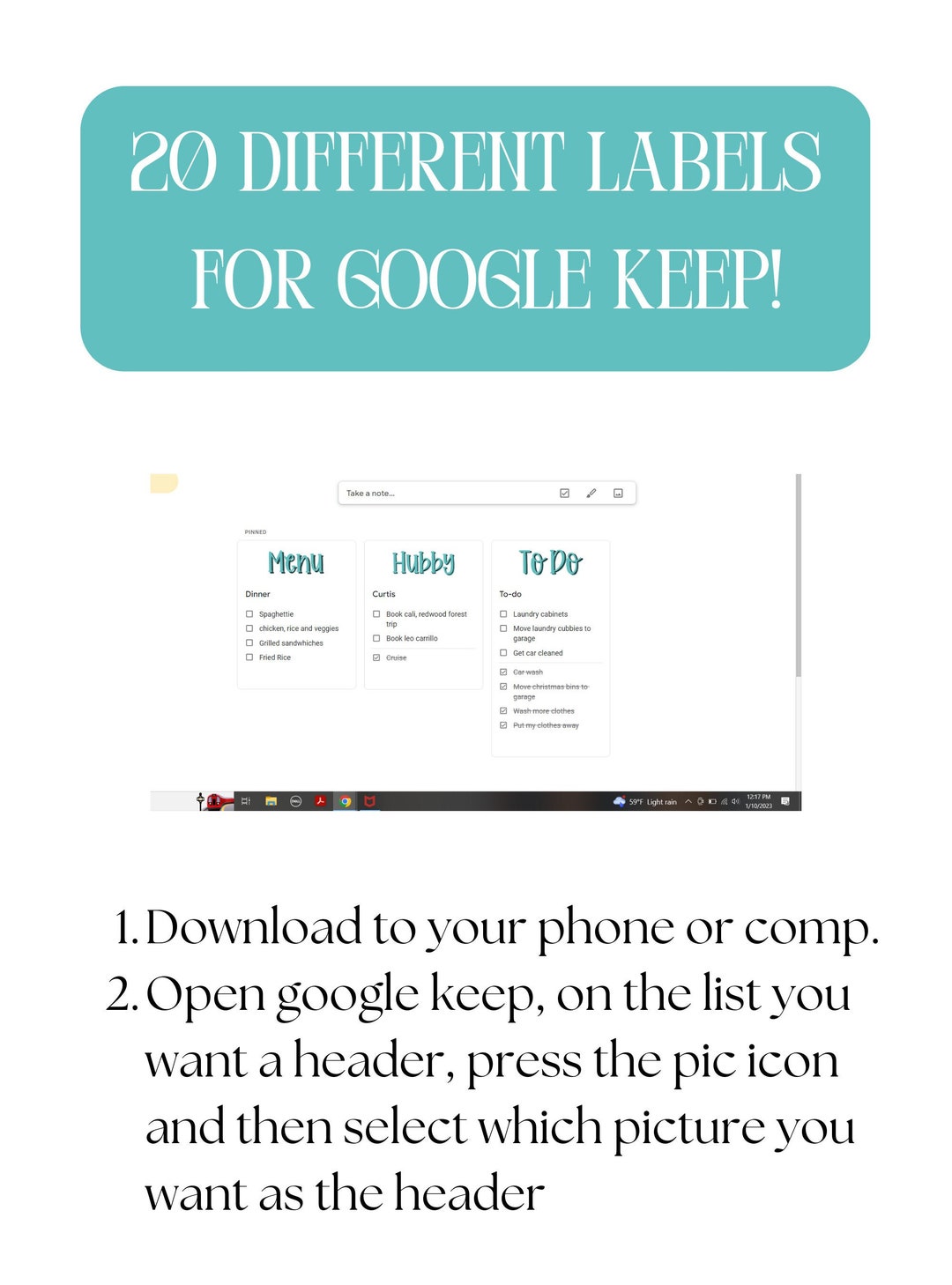 Google Keep Headers, to Do, Menu, Days of the Week, Today and More ...