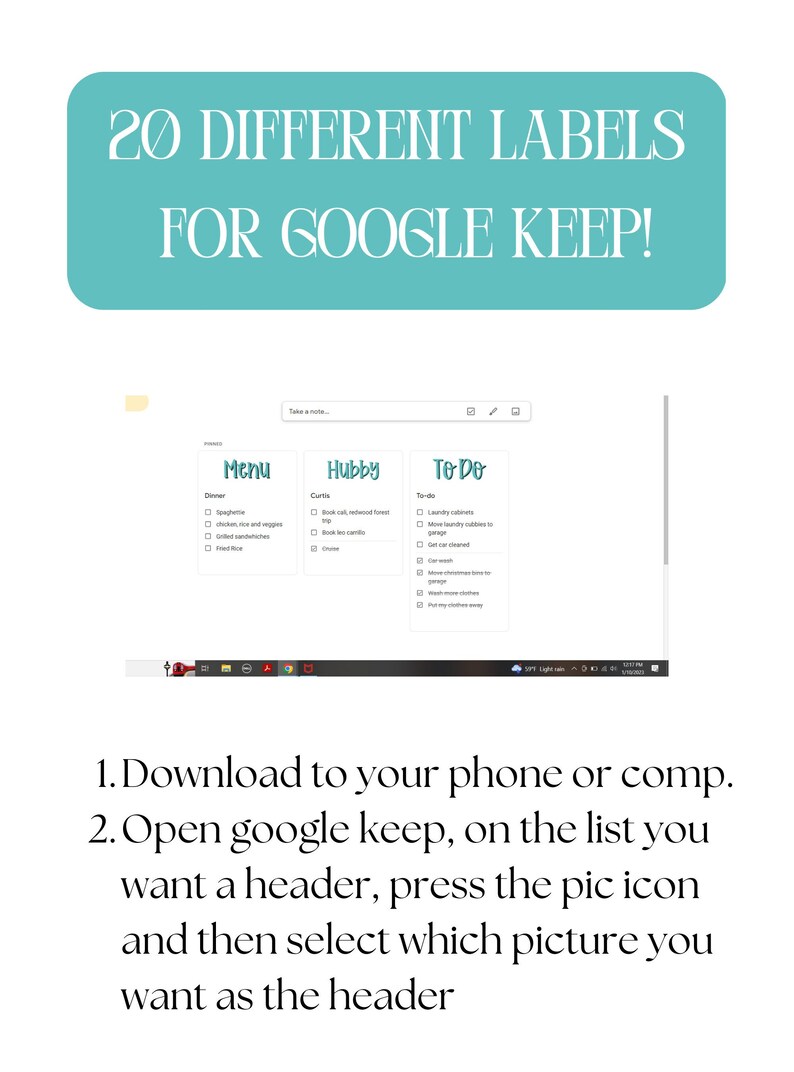 Google Keep Headers, to Do, Menu, Days of the Week, Today and More ...