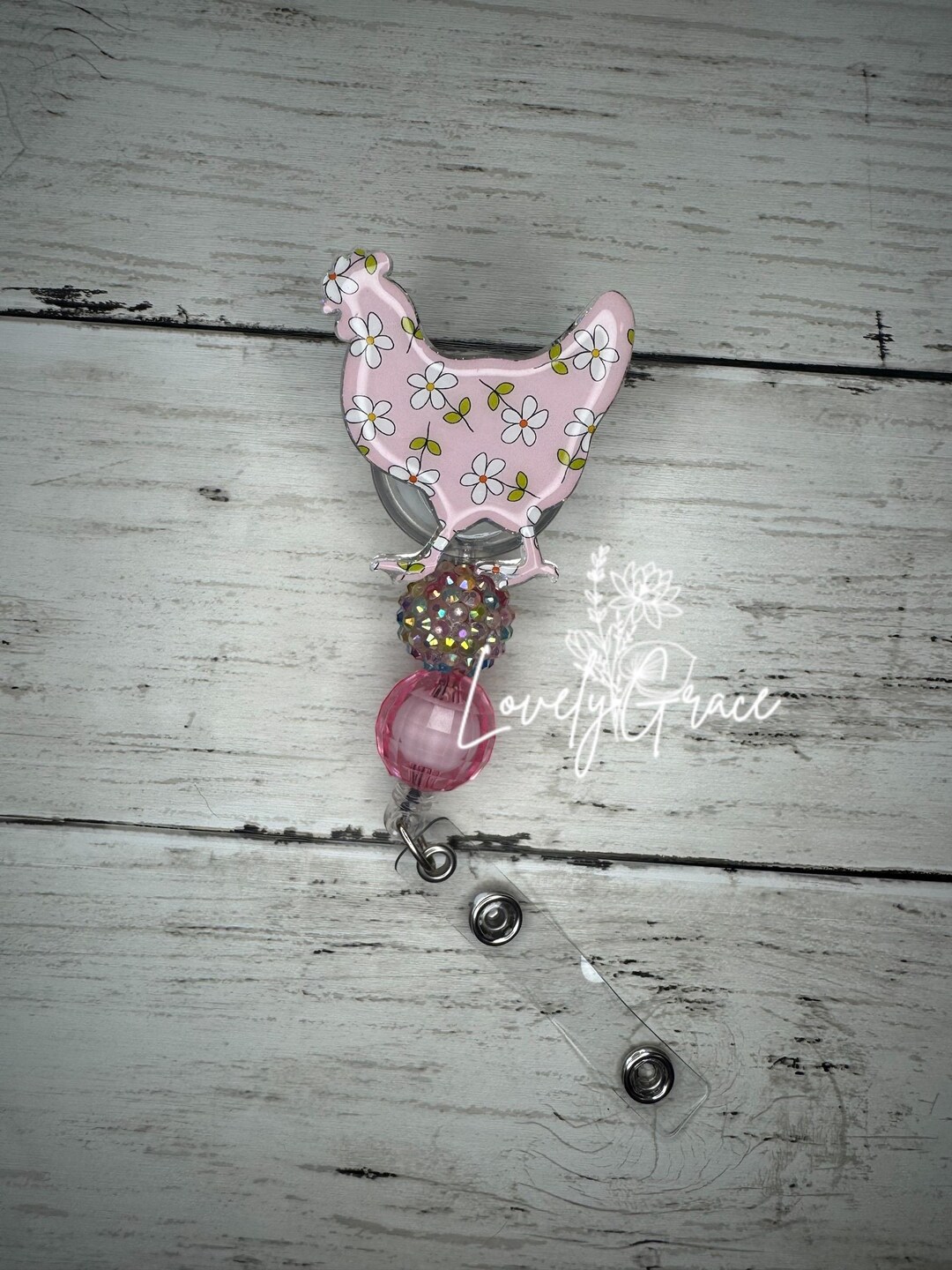 Chicken Badge Reel, Hen, Flowers, Pink, Beads, Cute - Etsy