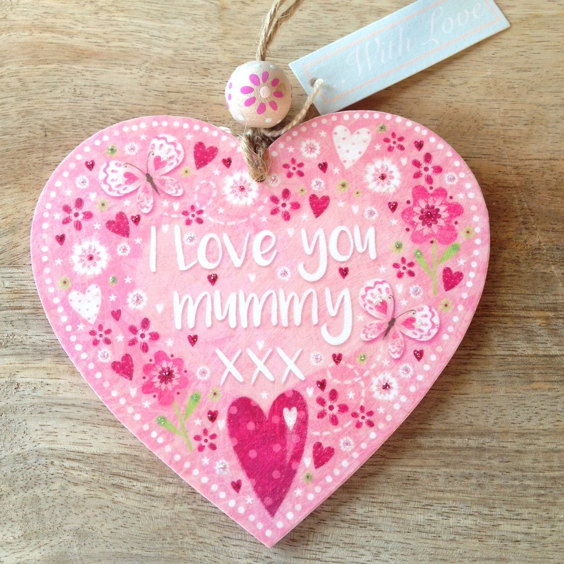Pretty in Pink 'I Love You Mummy' Design. Wooden Hanging Heart ...