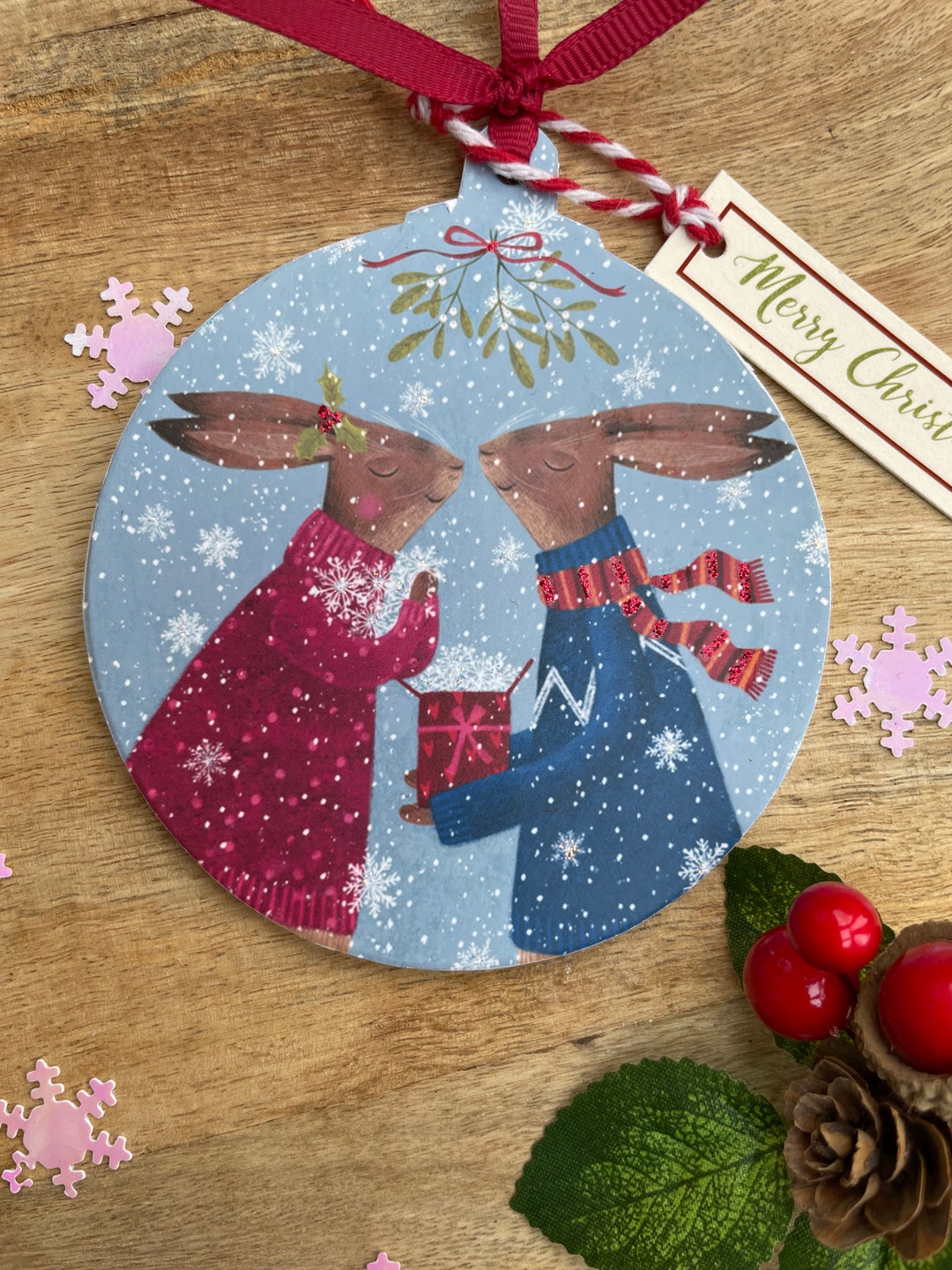 Pretty Hares Christmas Bauble. 'collecting Snowflakes Together'. Wooden ...