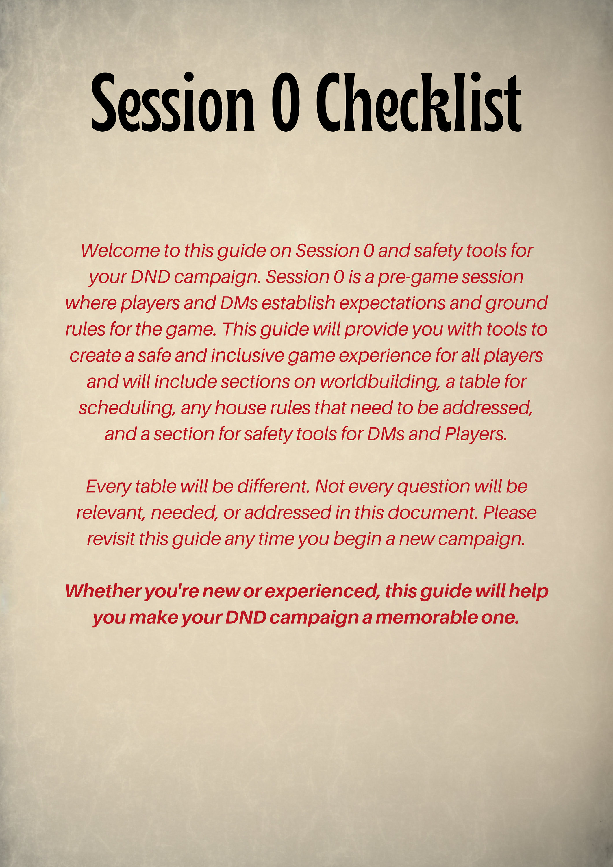 Session 0 Checklist | DND | Prep Sheet | TTRPG | Printable | Gift Idea ...