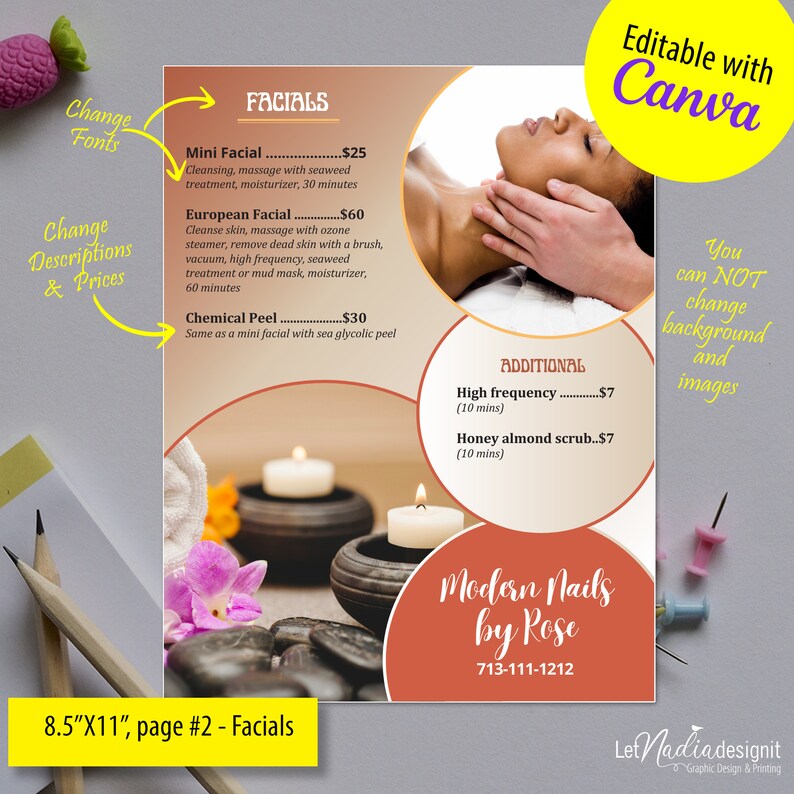 2-page Pedicure and Facials Menu Template Nail Salon Price - Etsy