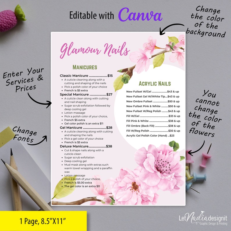 Elegant Floral Nail Salon Menu Template | Price List (canva Editable, 4 ...