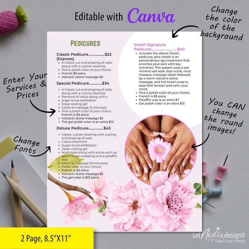 Elegant Floral Nail Salon Menu Template | Price List (canva Editable, 4 ...