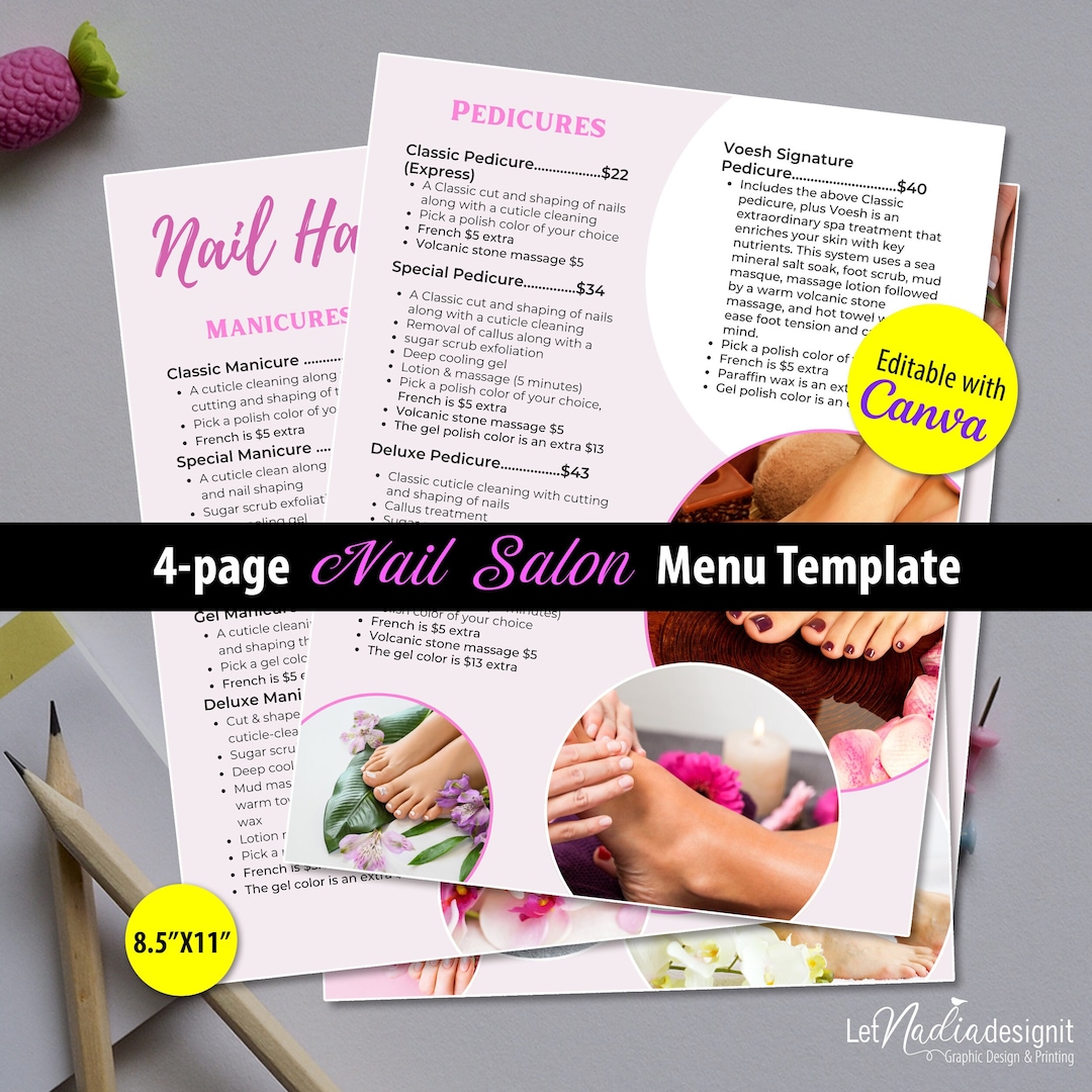 4-page Nail Salon Menu Template | Nail Salon Price List | Pedicure ...