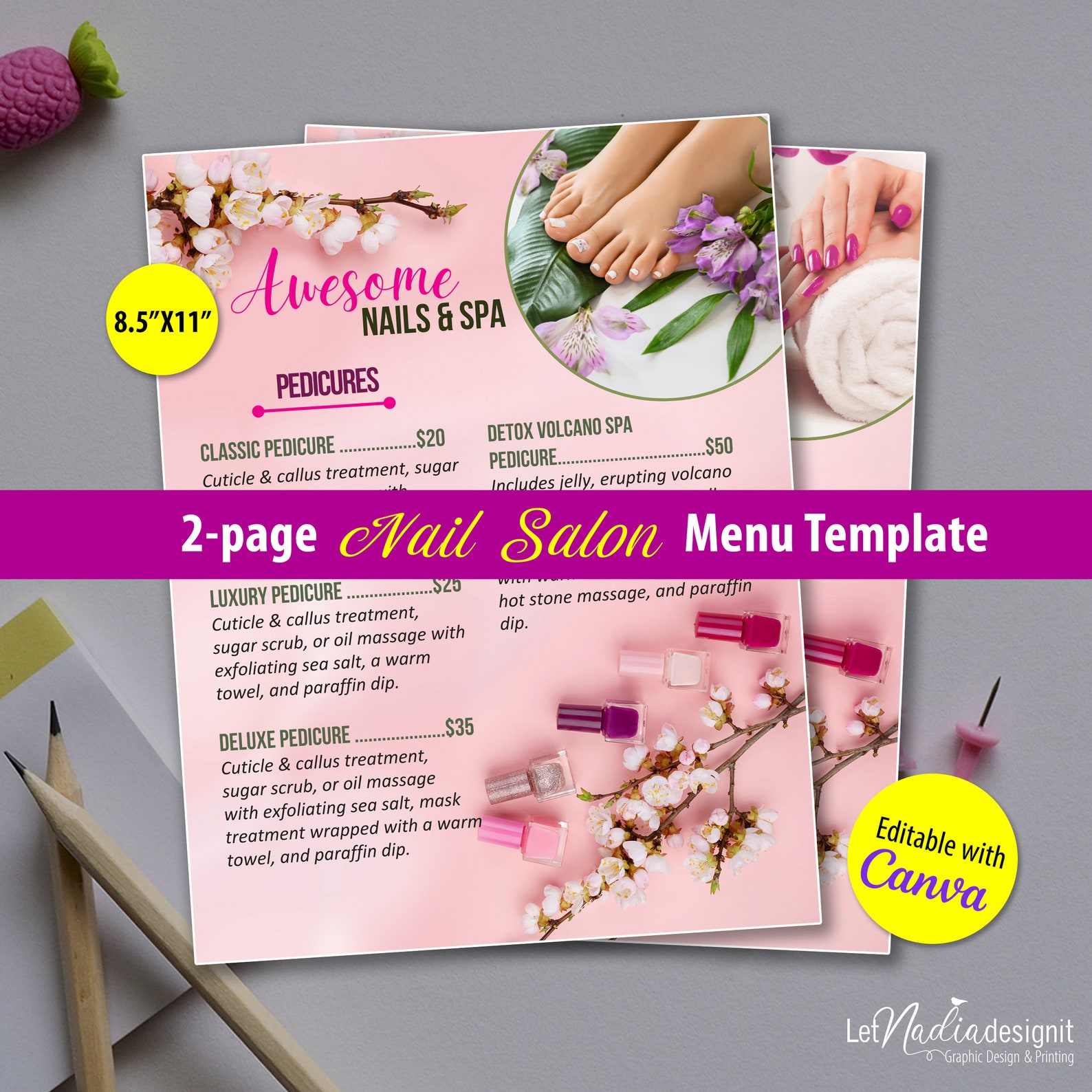 2-page Pedicure and Manicure Menu Template | Nail Salon Price List ...