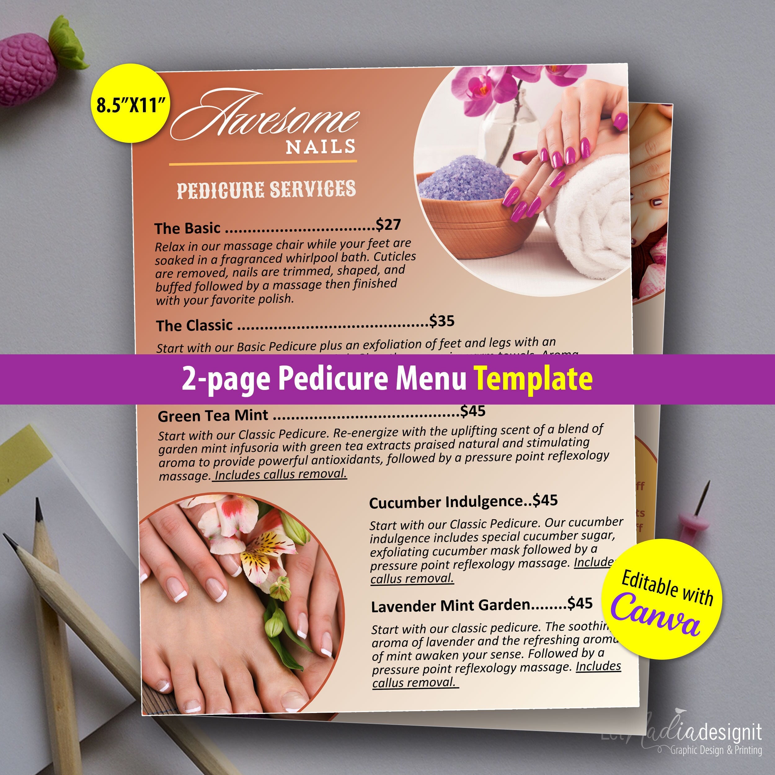 2-page Pedicure Menu Template | Nail Salon Price List Template ...