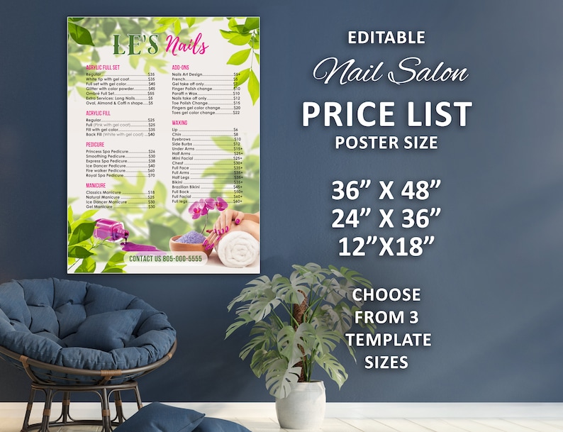 Nail Salon Menu Poster Template 36"x48" | 24"x36" | 12"x18" | Nail ...