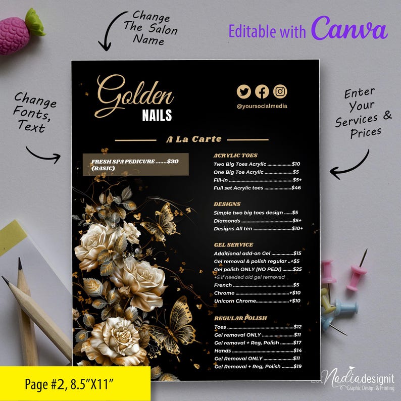 2-page Pedicure Menu Template | Nail Salon Price List Template ...