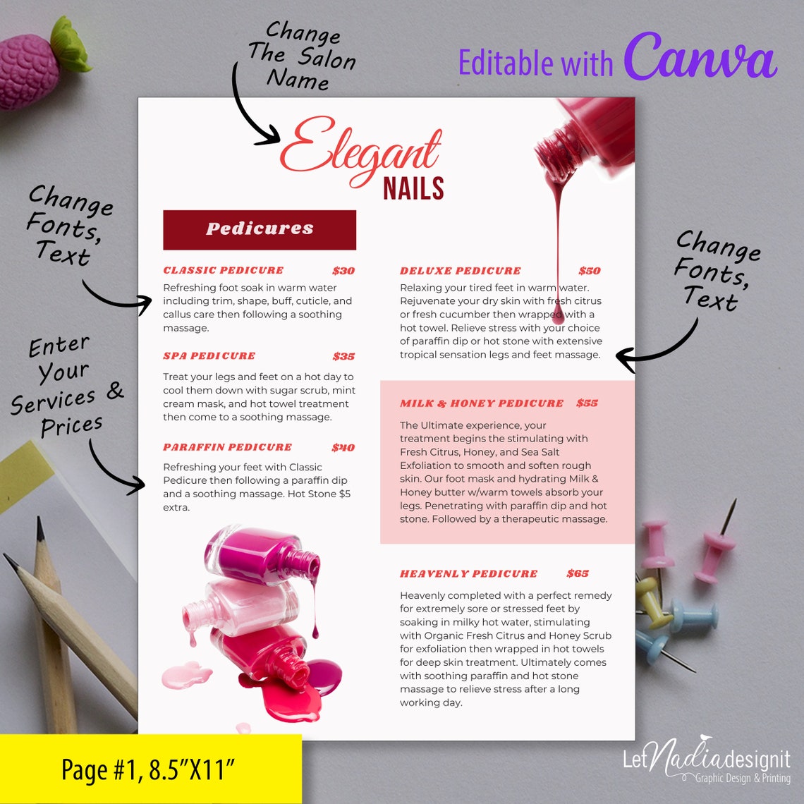 Pedicure Menu Template | Nail Salon Price List, Black & Gold (canva ...