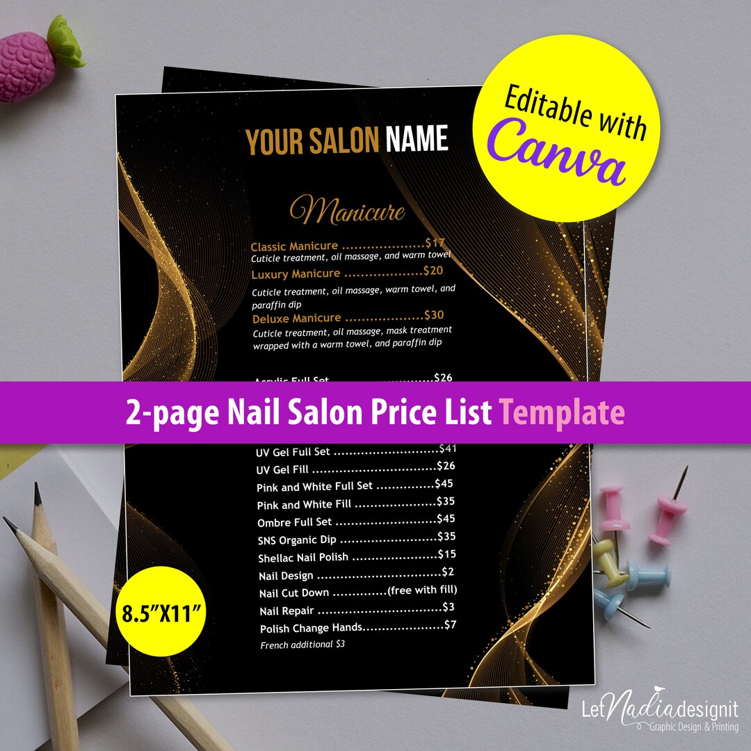 2-page Nail Salon Menu Template | Price List Template | Pedicure and ...