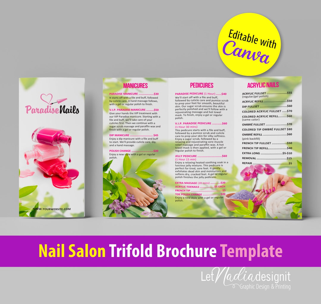 Nail Salon Trifold Brochure Template | Nail Spa Services Menu Design ...