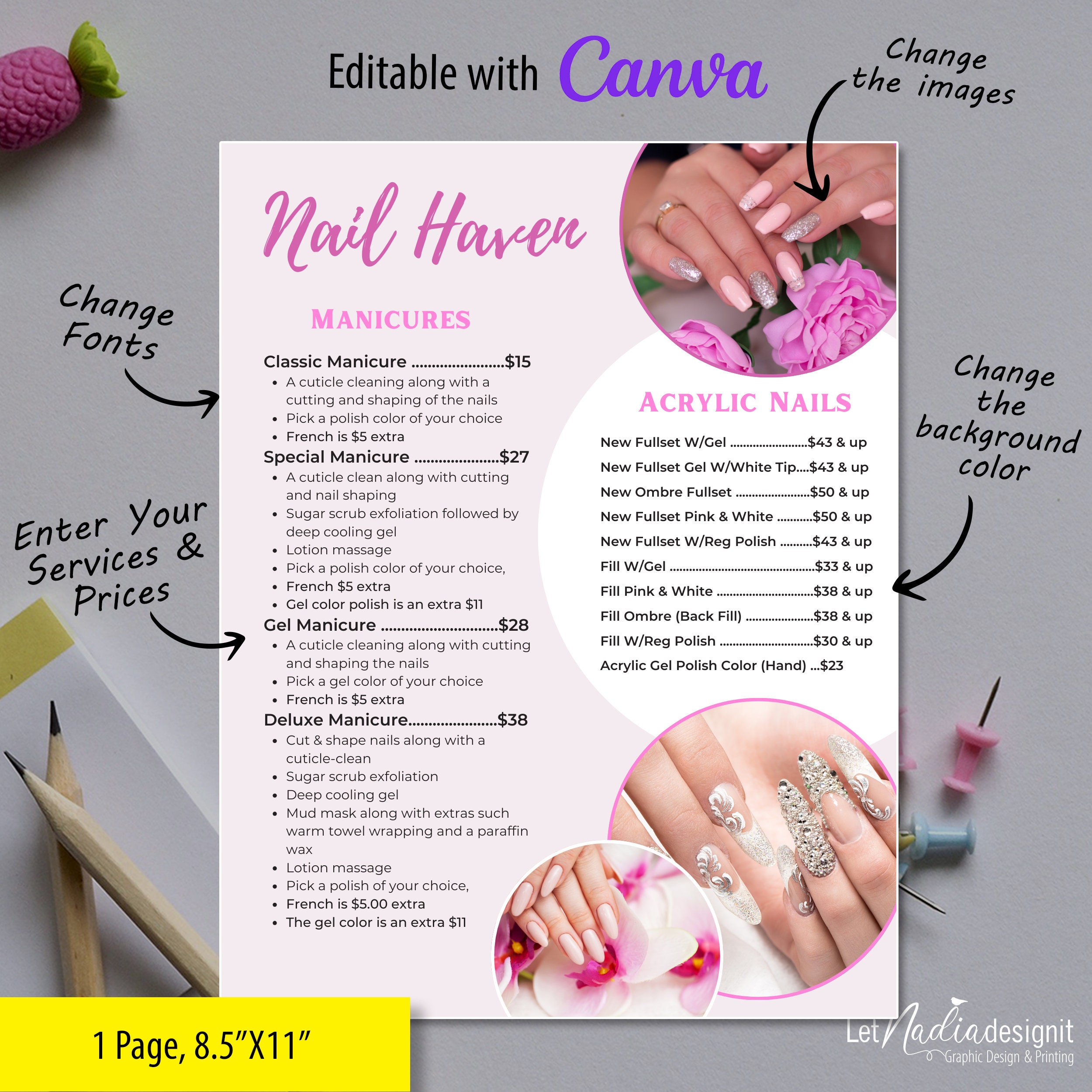 4-page Nail Salon Menu Template | Nail Salon Price List | Pedicure ...