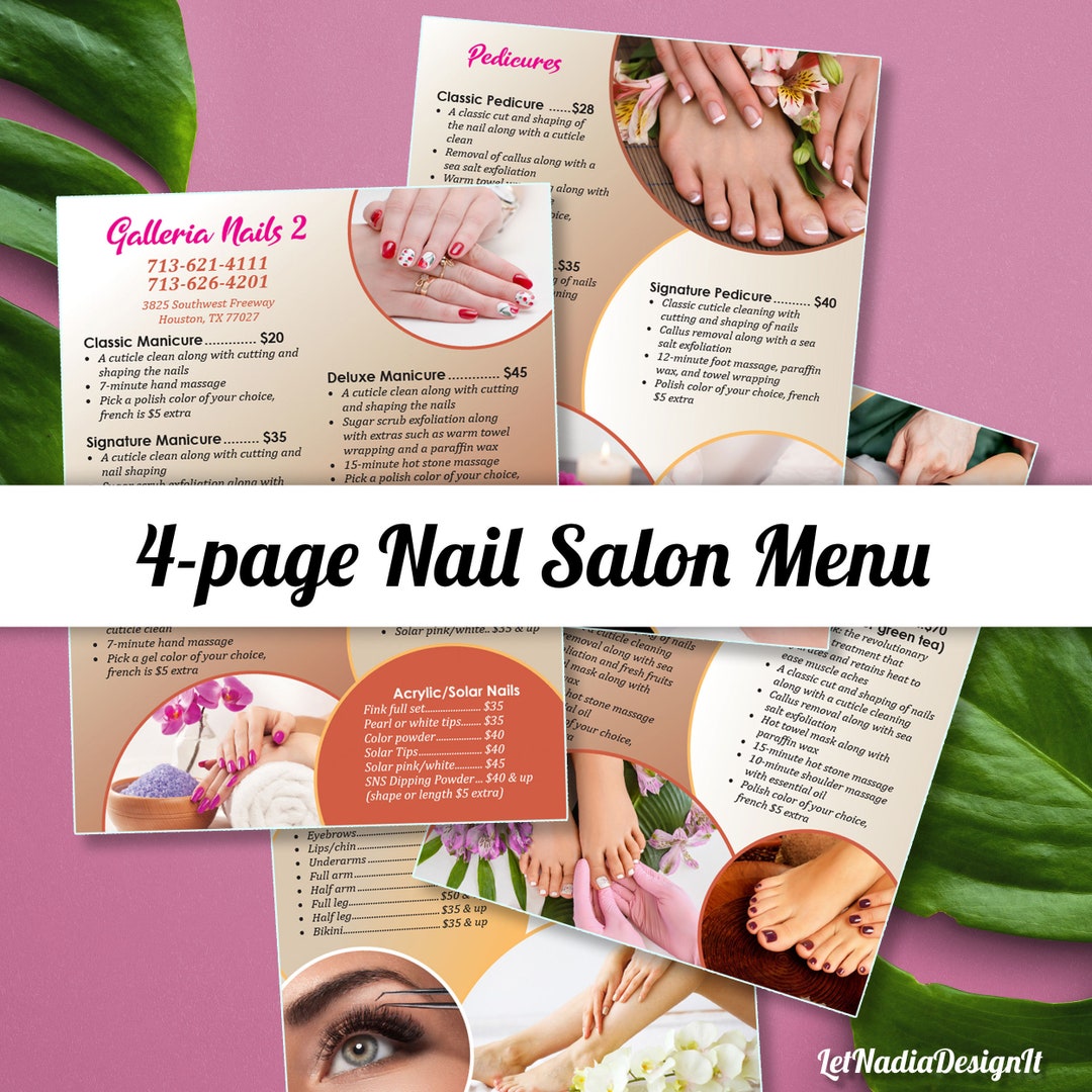 4-page Nail Salon Menu Nail Salon Price List Pedicure, Manicure, Waxing ...