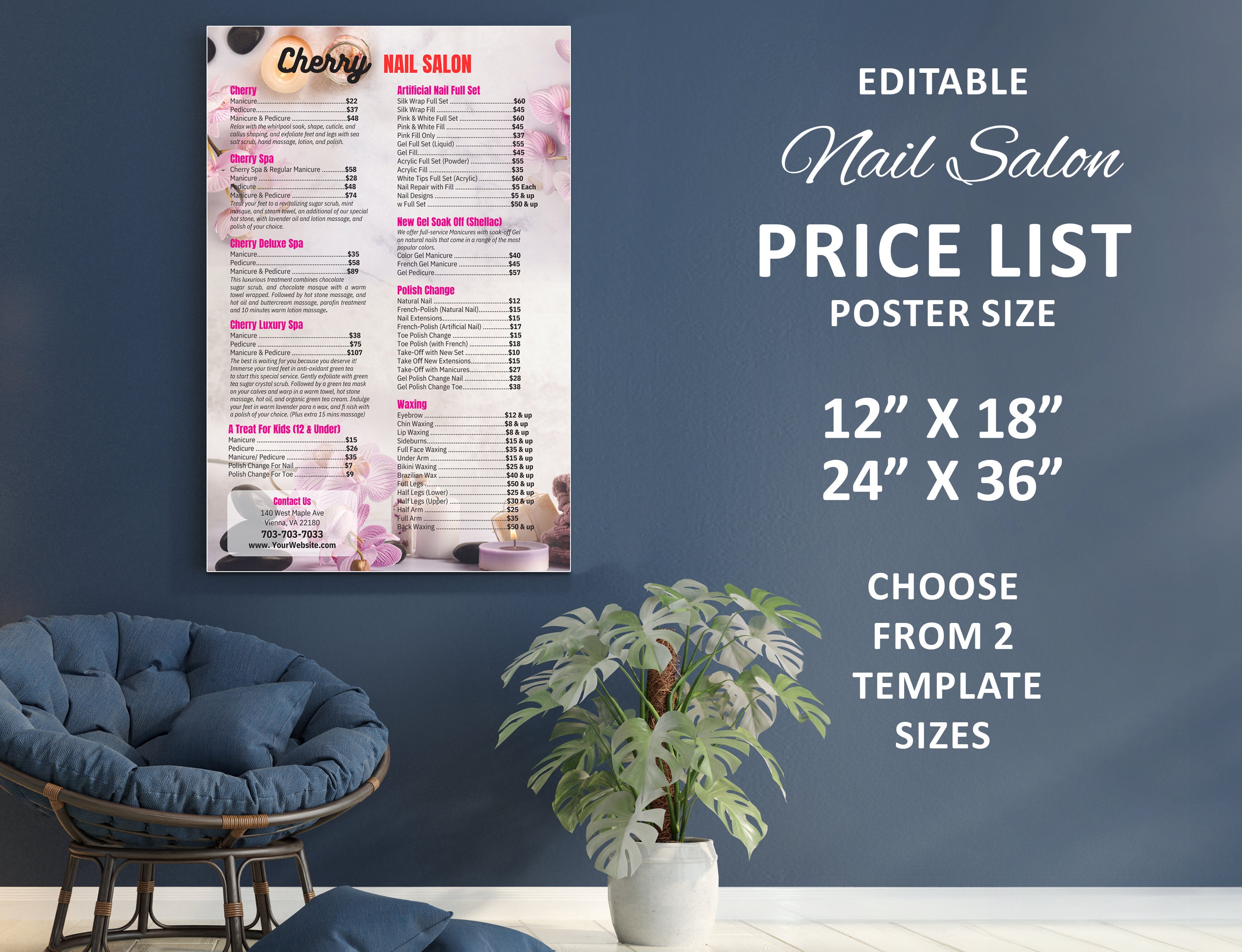 Poster Size Nail Salon Menu Template 12X18, 24X36 | Nail Salon Price ...